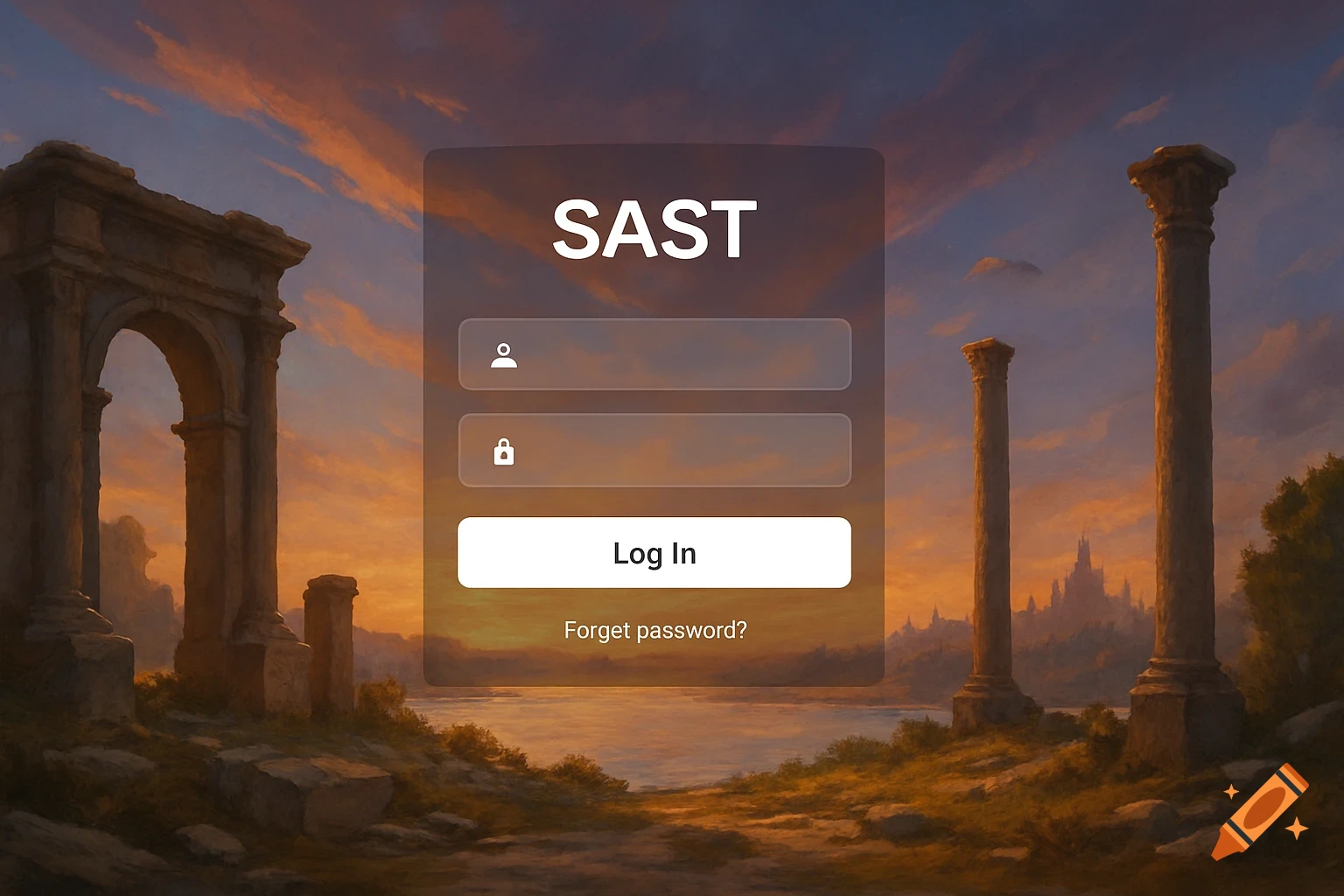 SAST login form over a painting of ancient ruins at sunset. on Craiyon