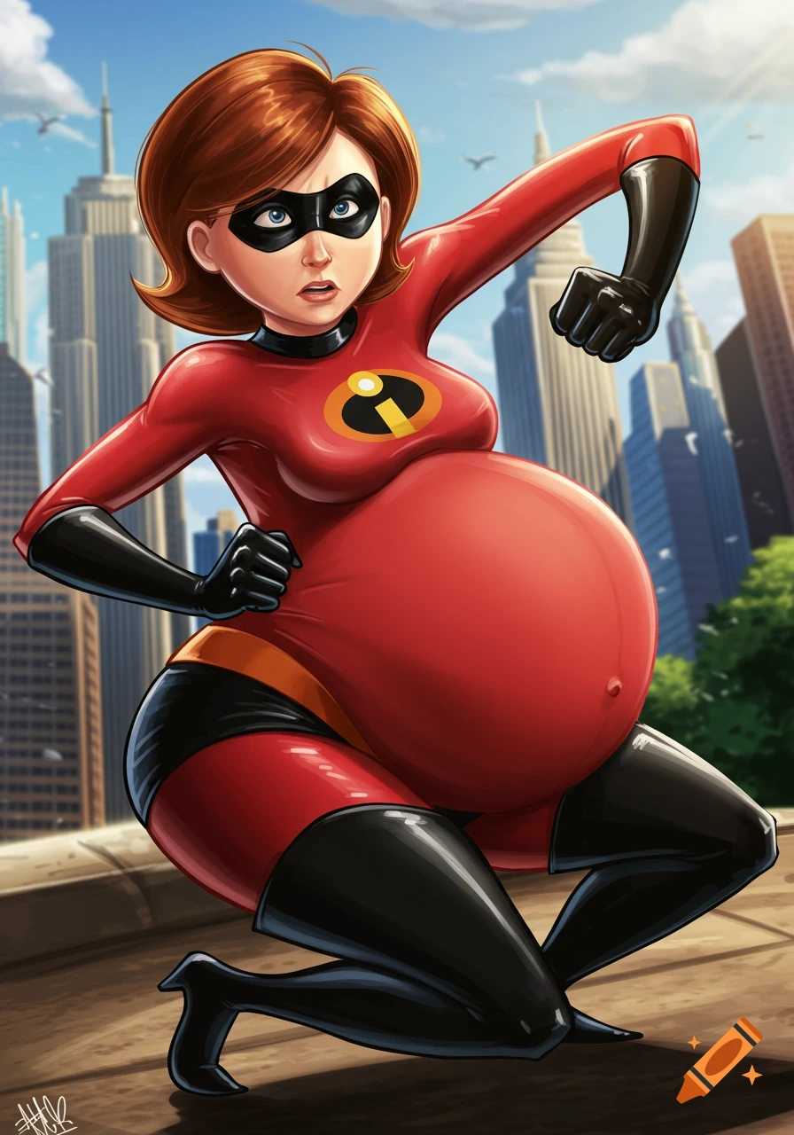 Heavily pregnant Elastigirl in superhero pose on a rooftop with city skyline. on Craiyon