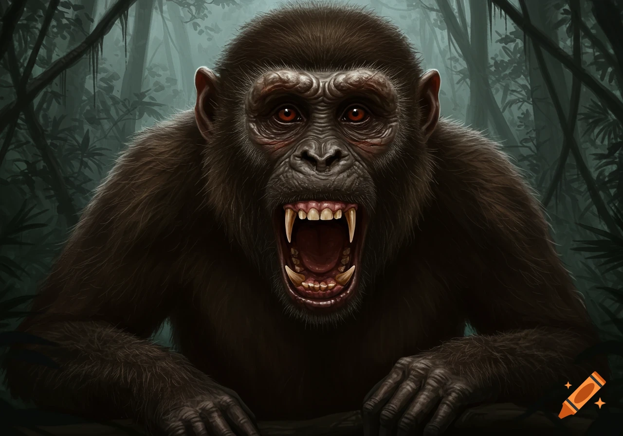 Illustrative close-up of a fierce monkey with bared fangs in a dark ...