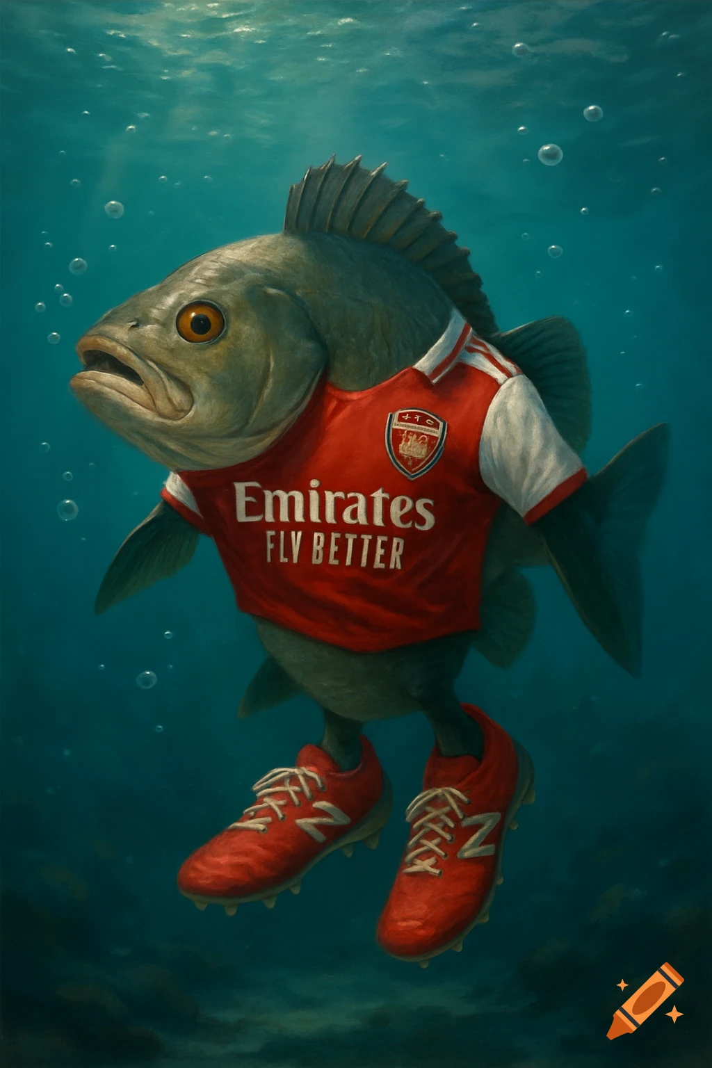 A fish wearing an Arsenal soccer jersey and cleats swims underwater. on ...