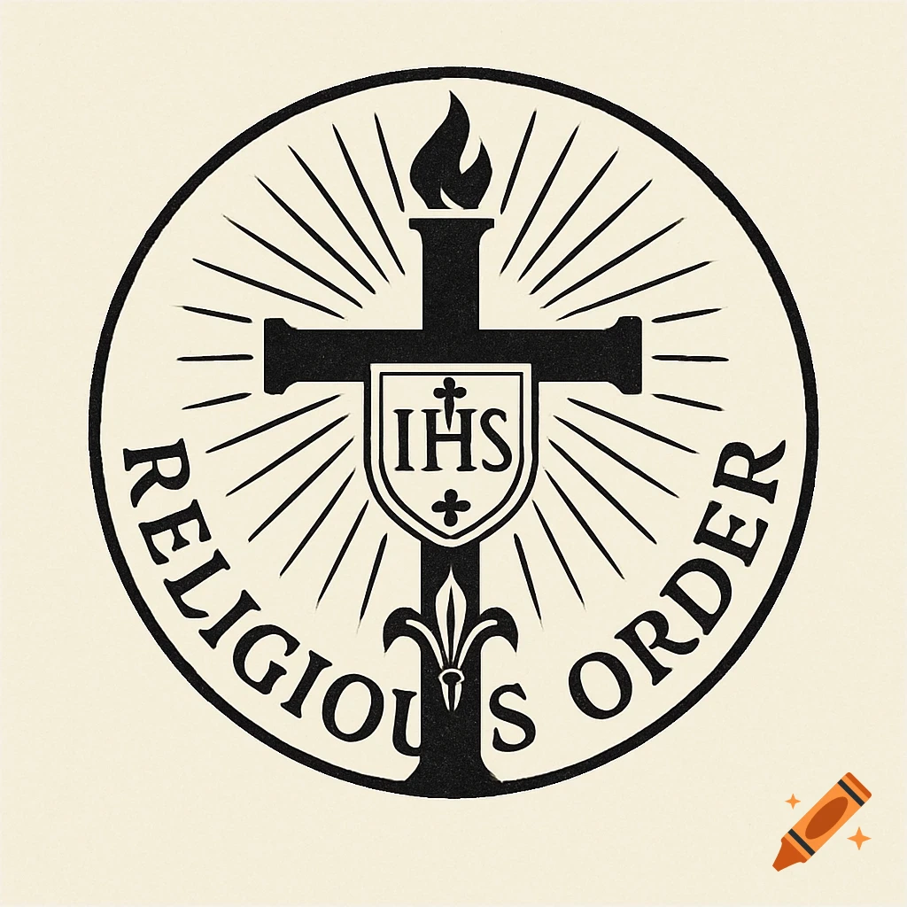 Circular black and white religious logo with a cross, torch, IHS shield ...