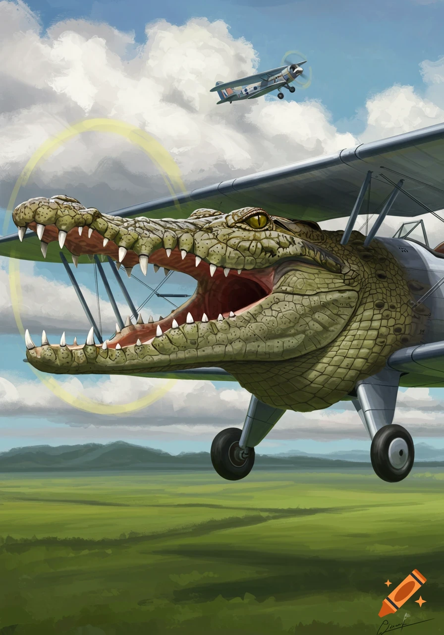 A large crocodile head is part of a biplane flying over a field with ...