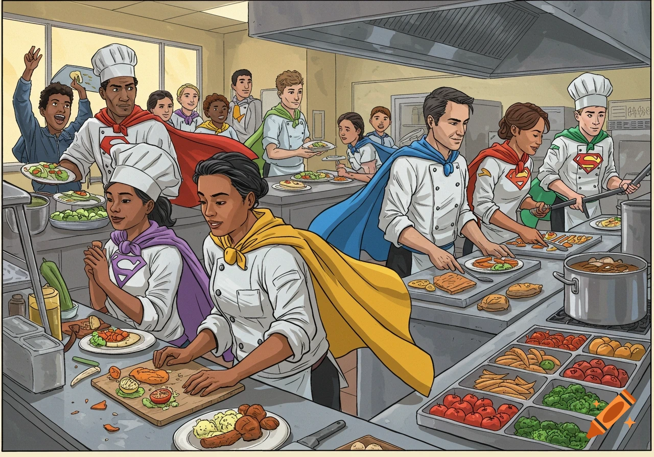 Illustrated scene of diverse school kitchen staff wearing chef whites ...