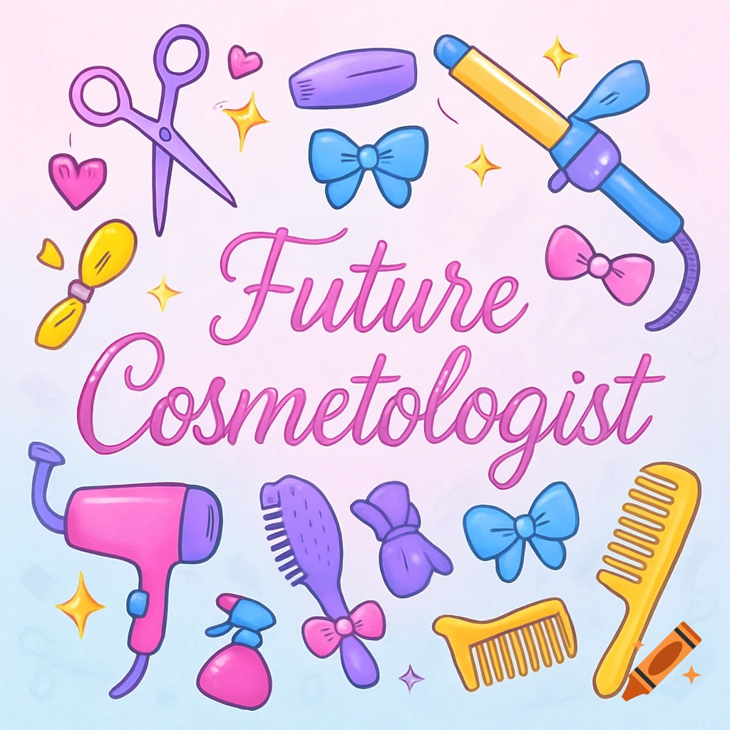Cute illustration with cosmetology tools like scissors, hairdryer ...