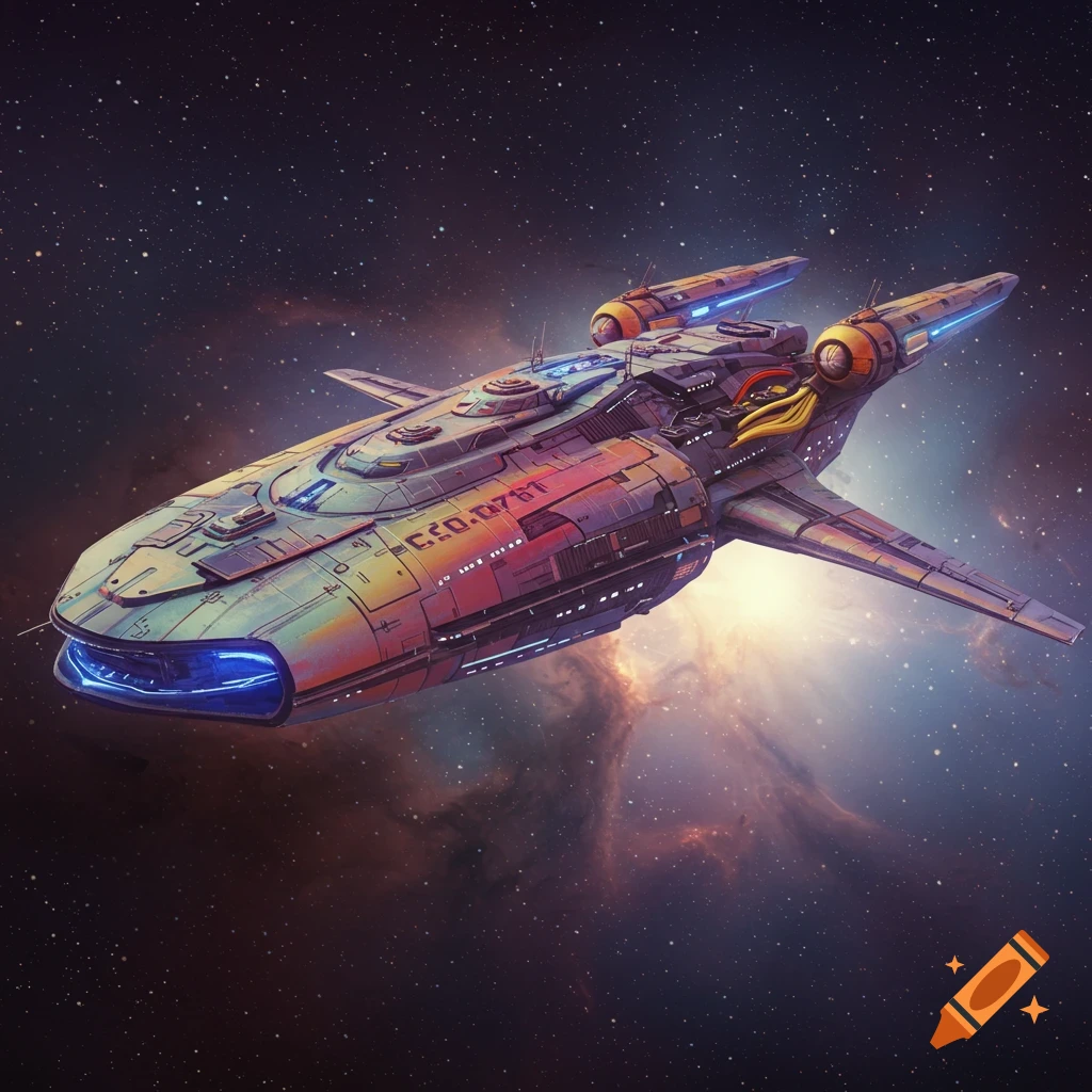 A colorful, detailed starship flies through space with stars and a nebula. on Craiyon