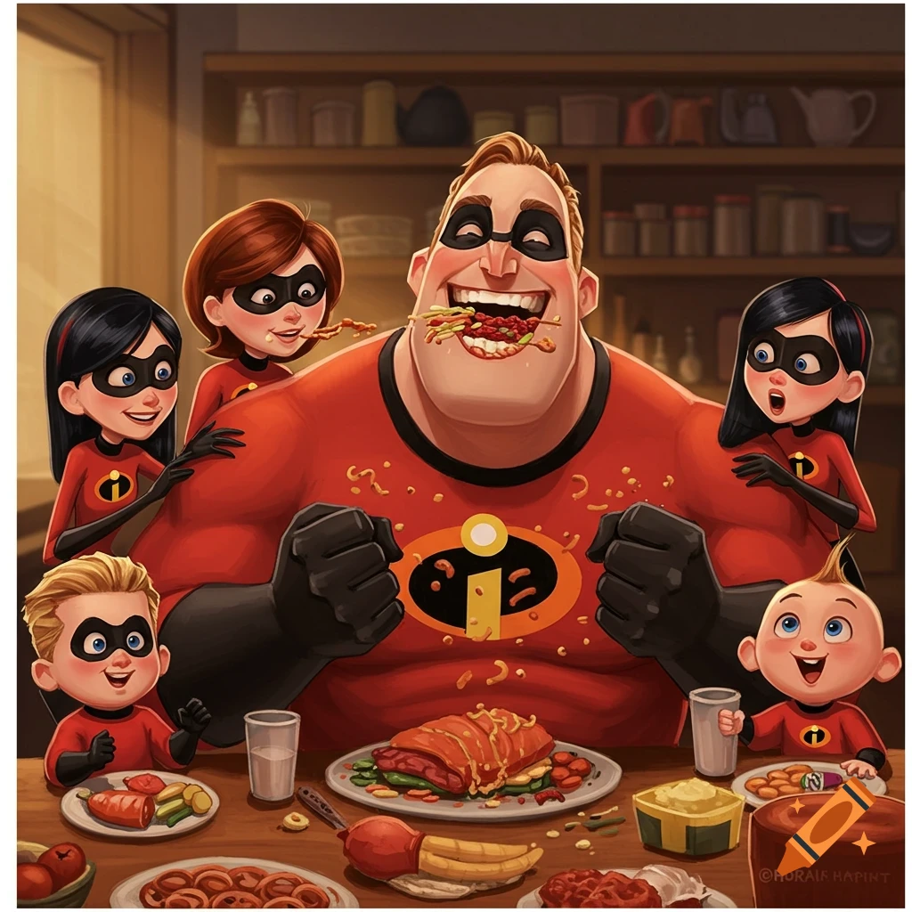 The Incredibles family eating dinner together at a table. on Craiyon