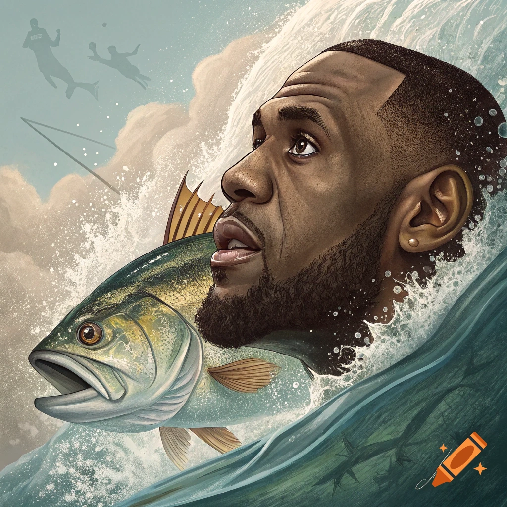Illustration of LeBron James' head coming out of a fish in rough water ...