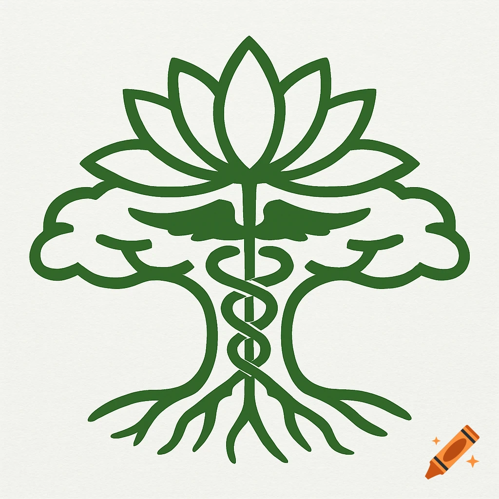Green logo of a tree with a caduceus trunk and lotus flower top. on Craiyon