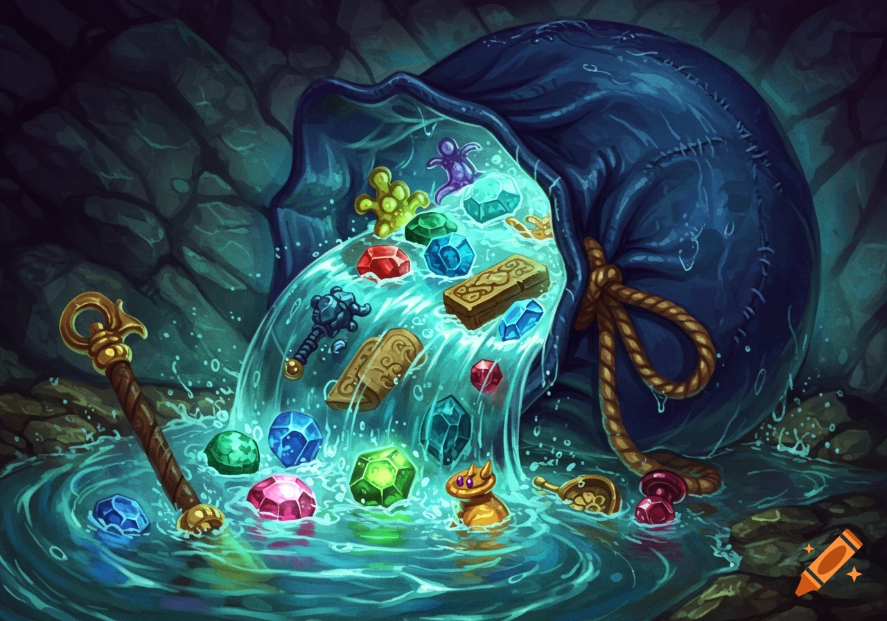 An overflowing fantasy bag spills colorful gems and magical items into ...