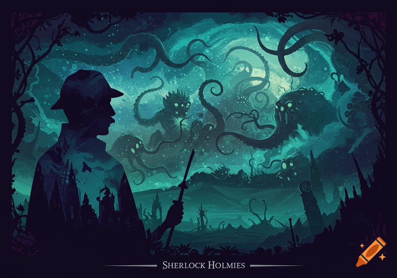 Silhouette of Sherlock Holmes facing tentacled monsters in a dark ...