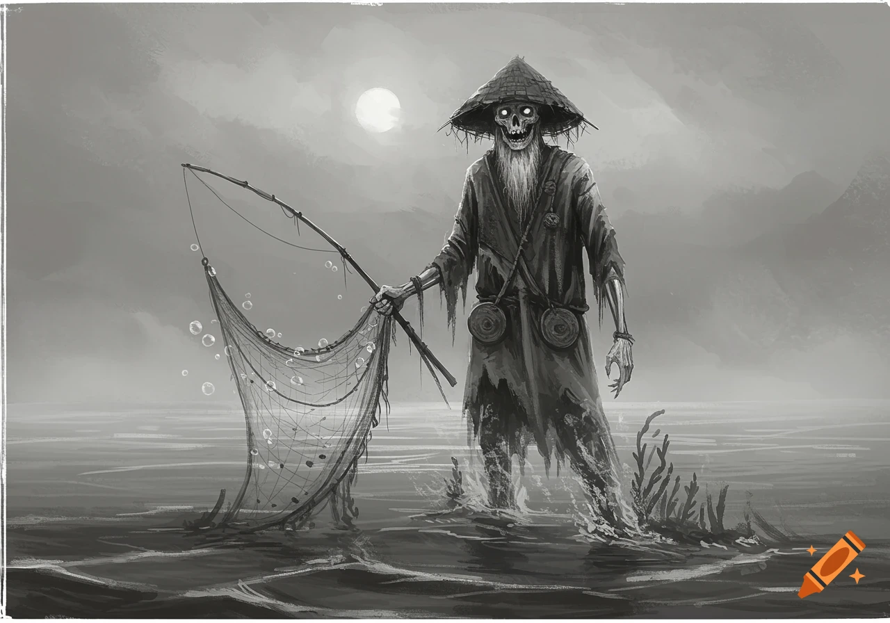 Grayscale illustration of a skeleton ghost fisherman in water with ...