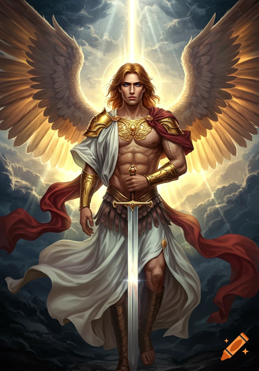 A handsome archangel with large golden wings and golden armor stands in ...