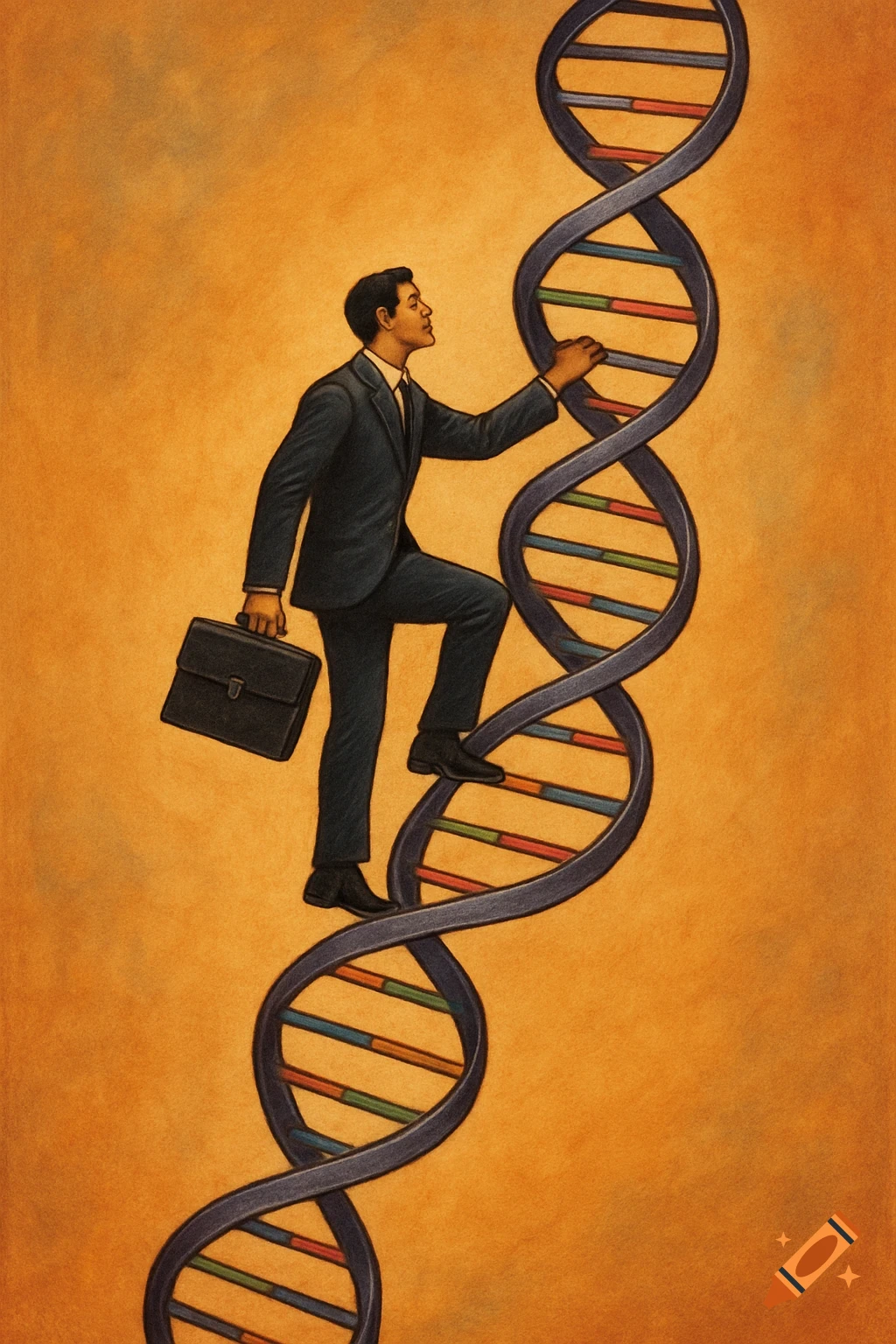 Illustration of a businessman in a suit climbing a large DNA helix like ...