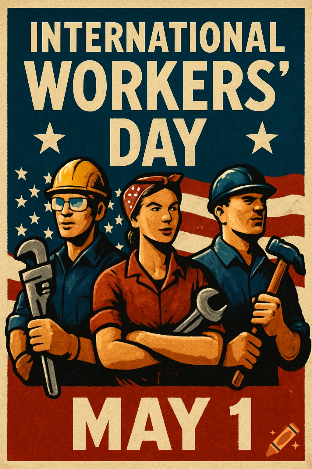 A stylized poster depicts three workers with tools against an American ...