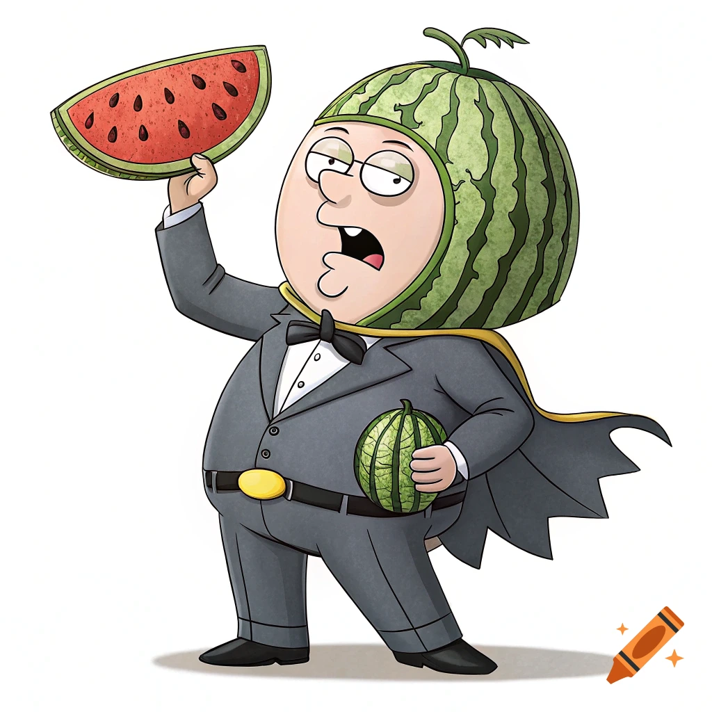 Cartoon man in suit with watermelon head holds watermelon slice and ...