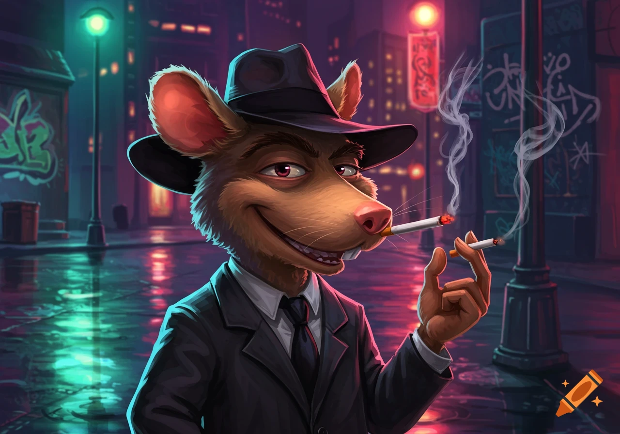 Cartoon rat in a suit and fedora smoking a cigarette in a rainy city ...