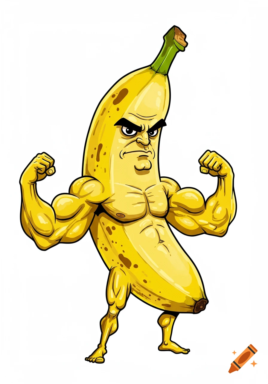 A cartoon banana character with a tough expression and muscular arms ...