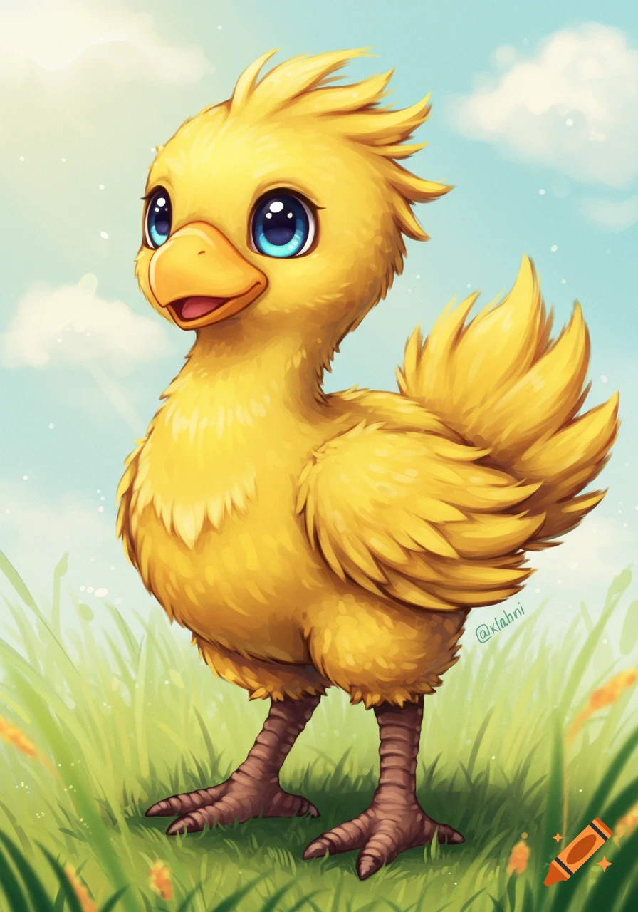 A cute yellow Chocobo stands in a grassy field. on Craiyon