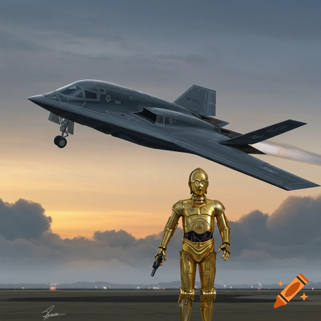Golden robot stands on a runway as a stealth bomber takes off behind ...