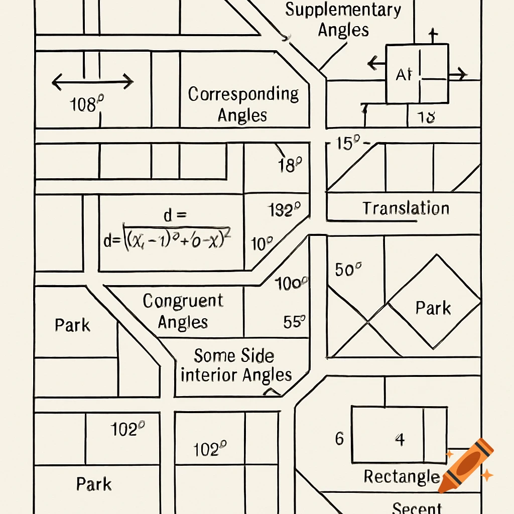 A hand-drawn diagram resembling a map, labeled with geometric terms ...