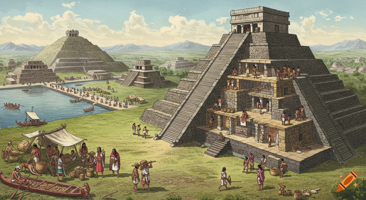 Illustration of an ancient Aztec city with large pyramids, causeways ...