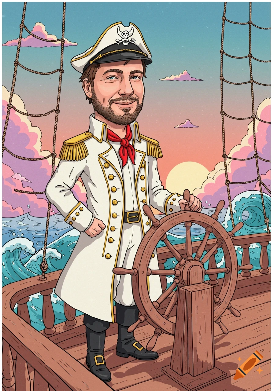 Cartoon portrait of a man dressed as a ship captain steering a wheel on ...