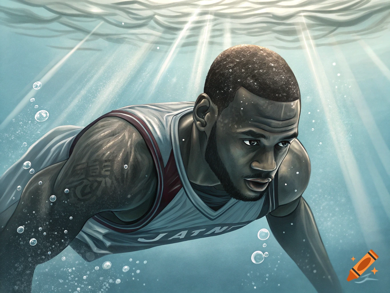 LeBron James swimming underwater in a basketball jersey with light rays ...