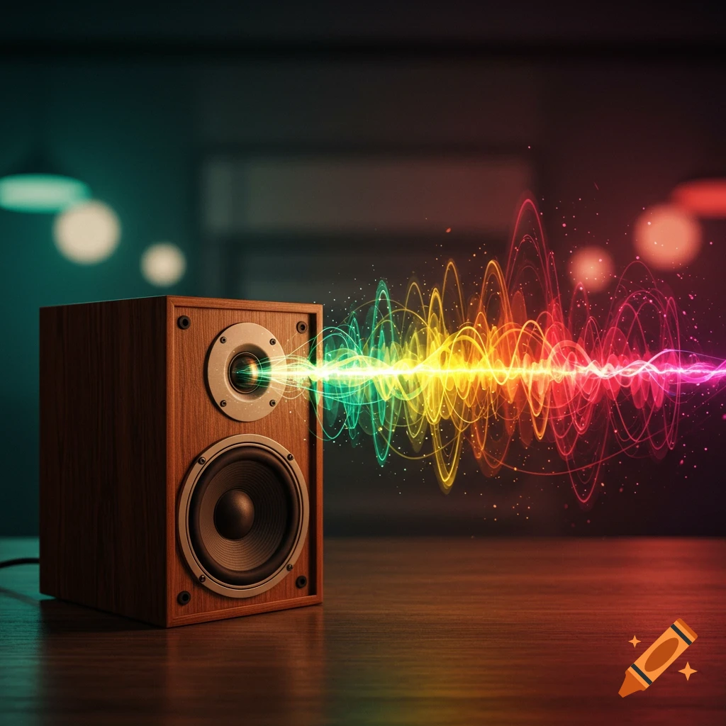 A wooden speaker cabinet emits colorful, glowing sound waves across a ...