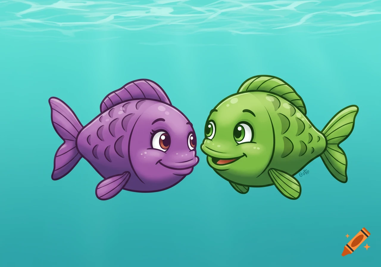 Two cute cartoon fish, one purple and one green, smiling at each other ...