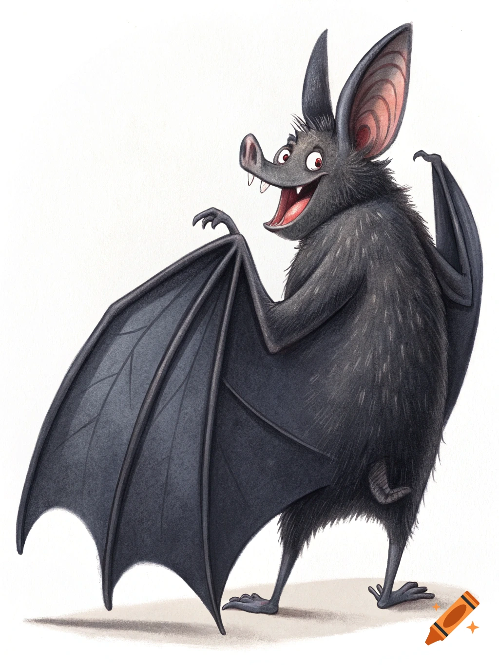 A silly cartoon bat with large ears laughs while looking over its ...
