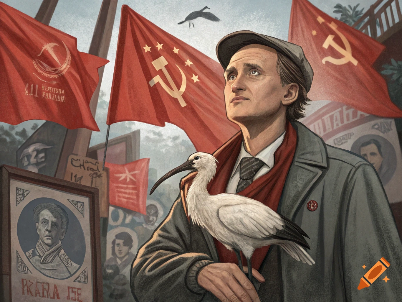 Illustration of a man in a cap holding a white bird amidst red flags ...