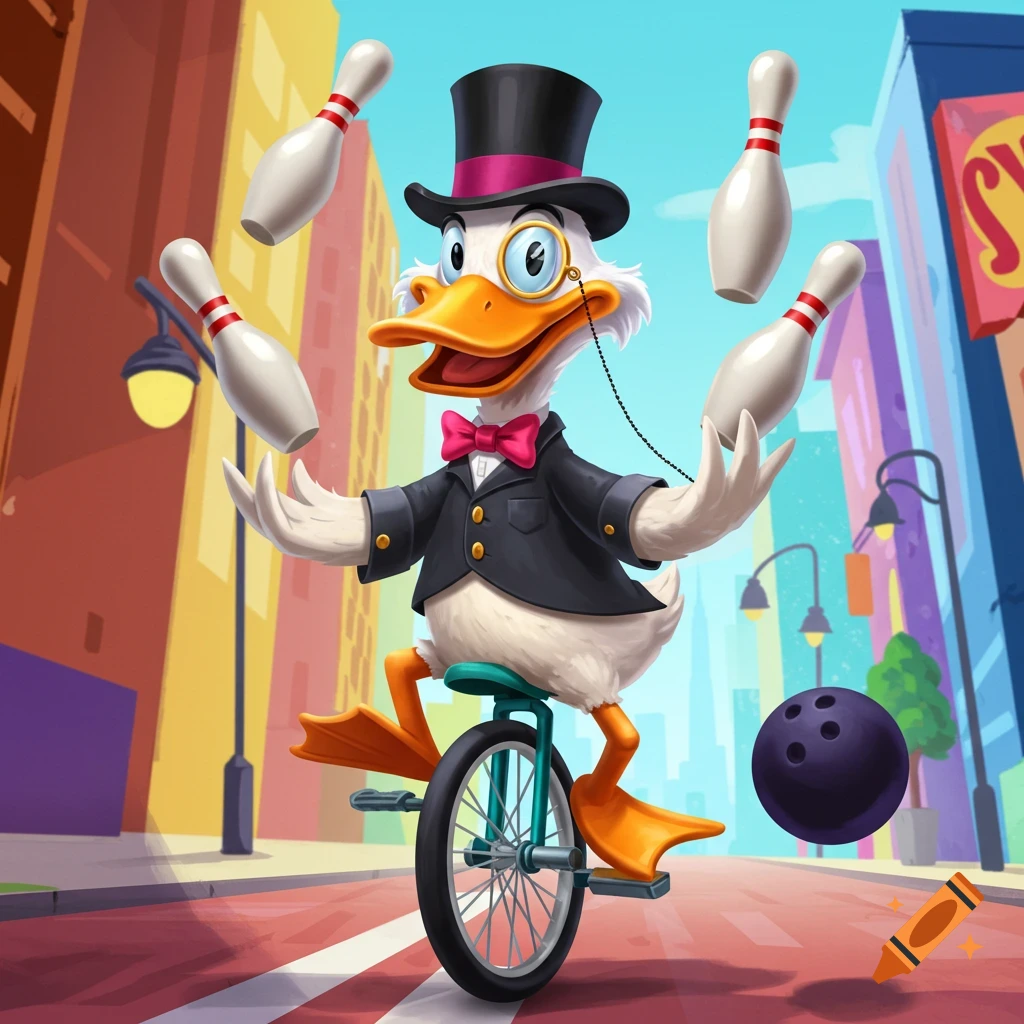 A cartoon duck in a top hat and tuxedo rides a unicycle and juggles ...