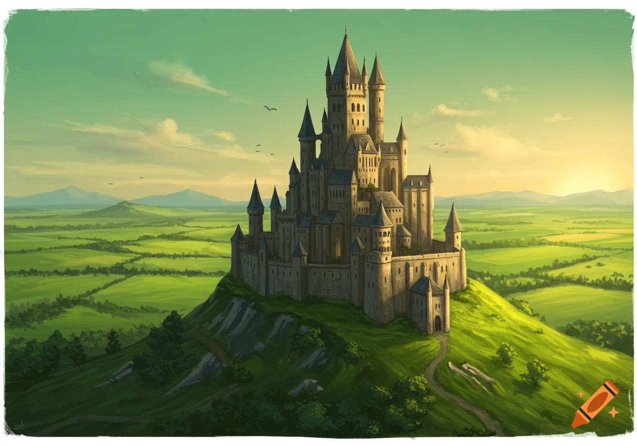 Painterly illustration of a large fantasy castle on a grassy hill ...