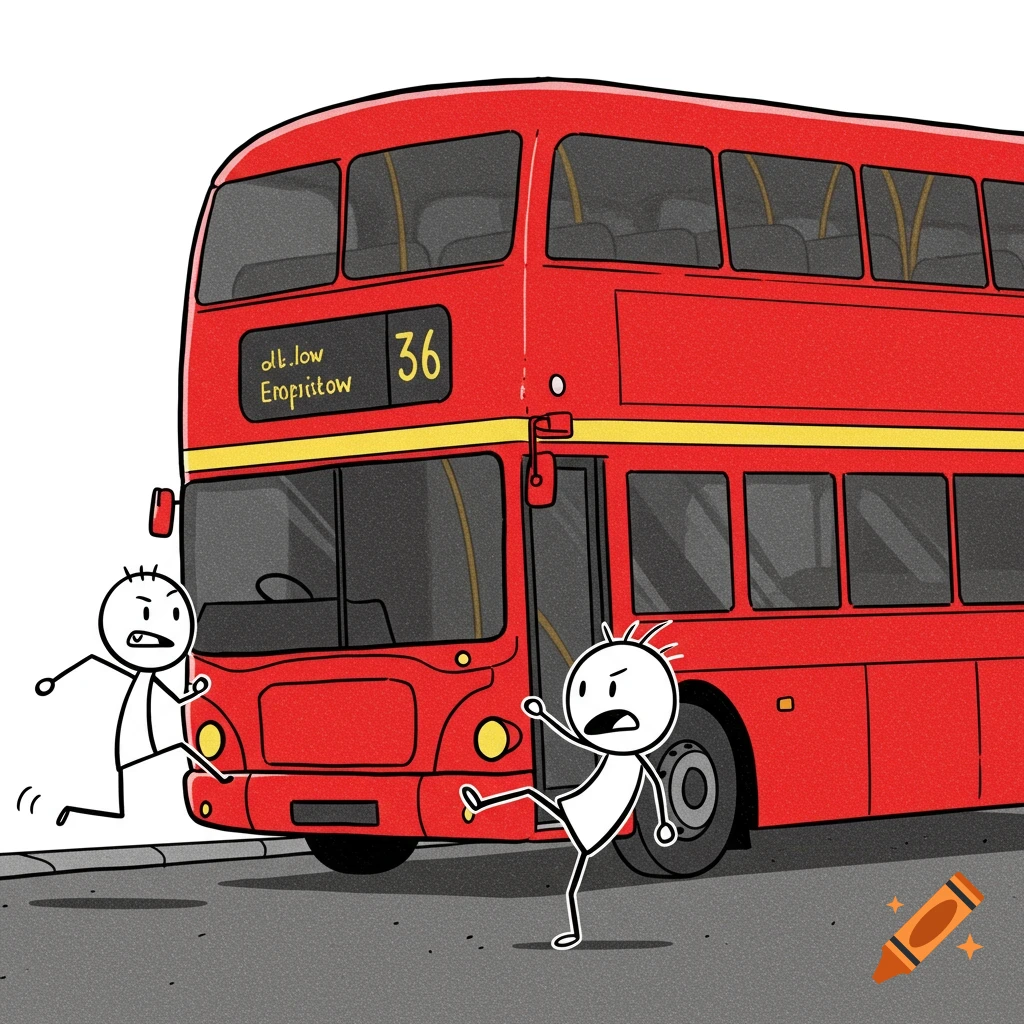 Stick figures near a red double-decker bus in a cartoon style. One runs ...