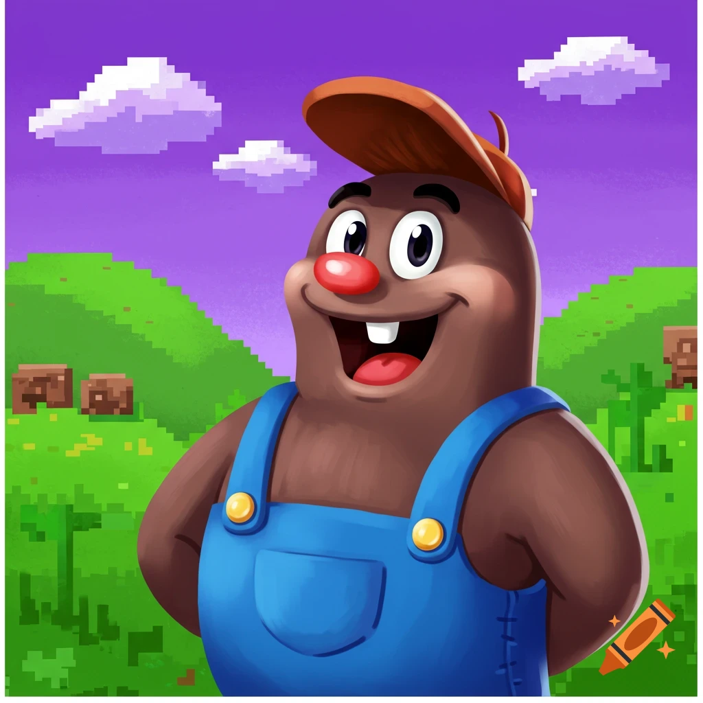 Cartoon mole character in overalls and cap smiling in a pixelated ...