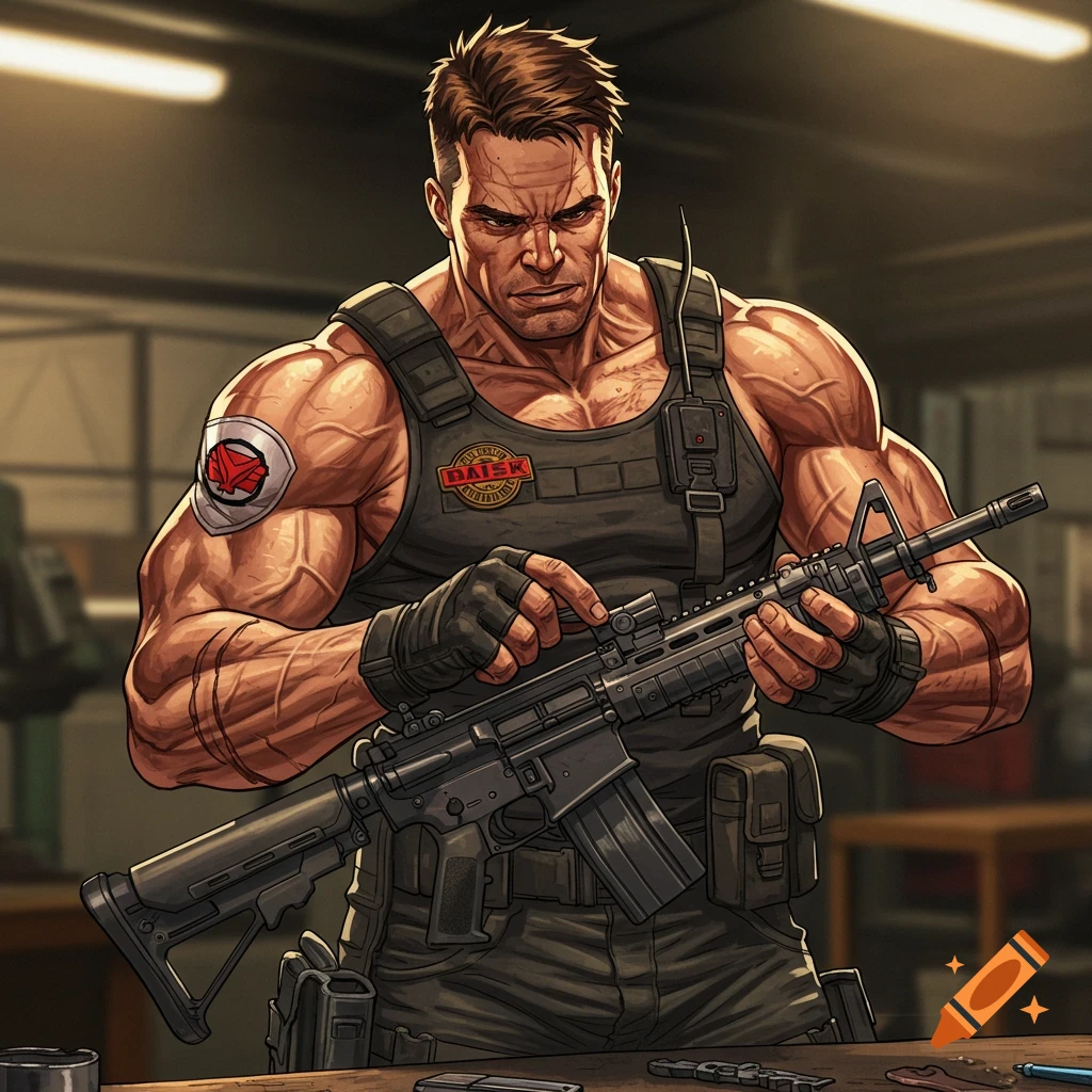 Illustration of a muscular man in tactical gear holding a rifle. on Craiyon