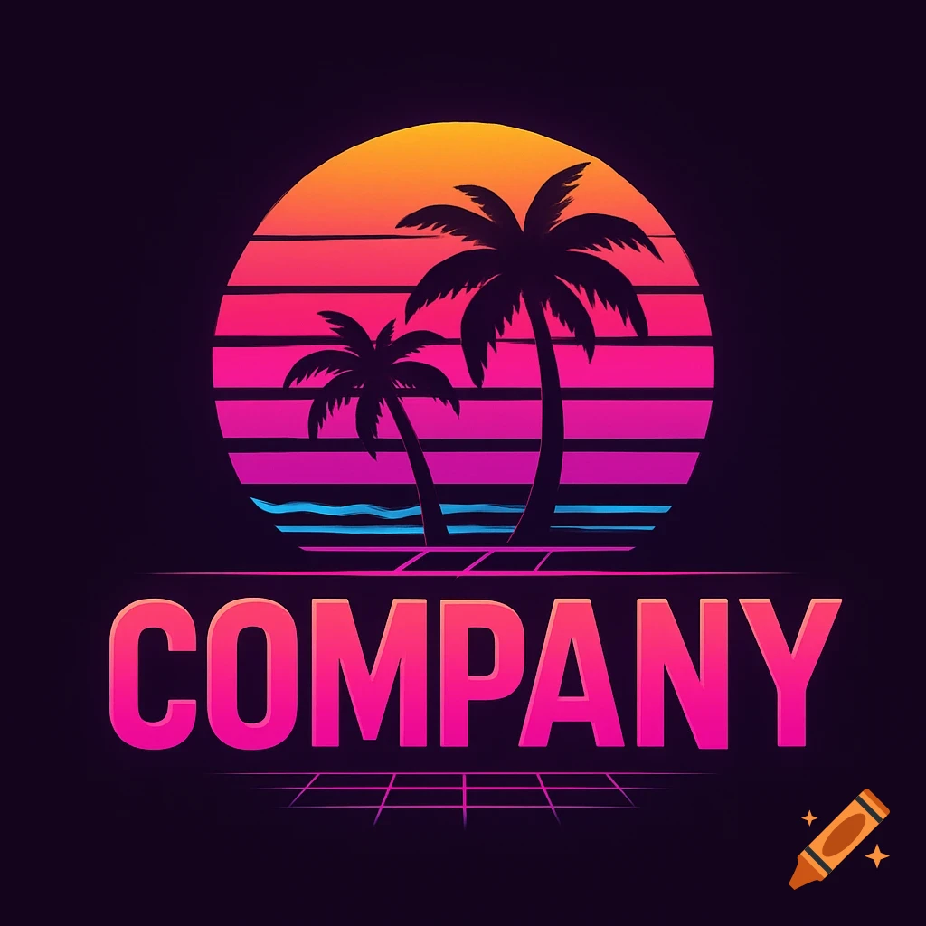 Synthwave logo with palm trees, retro sunset, and the word COMPANY. on ...