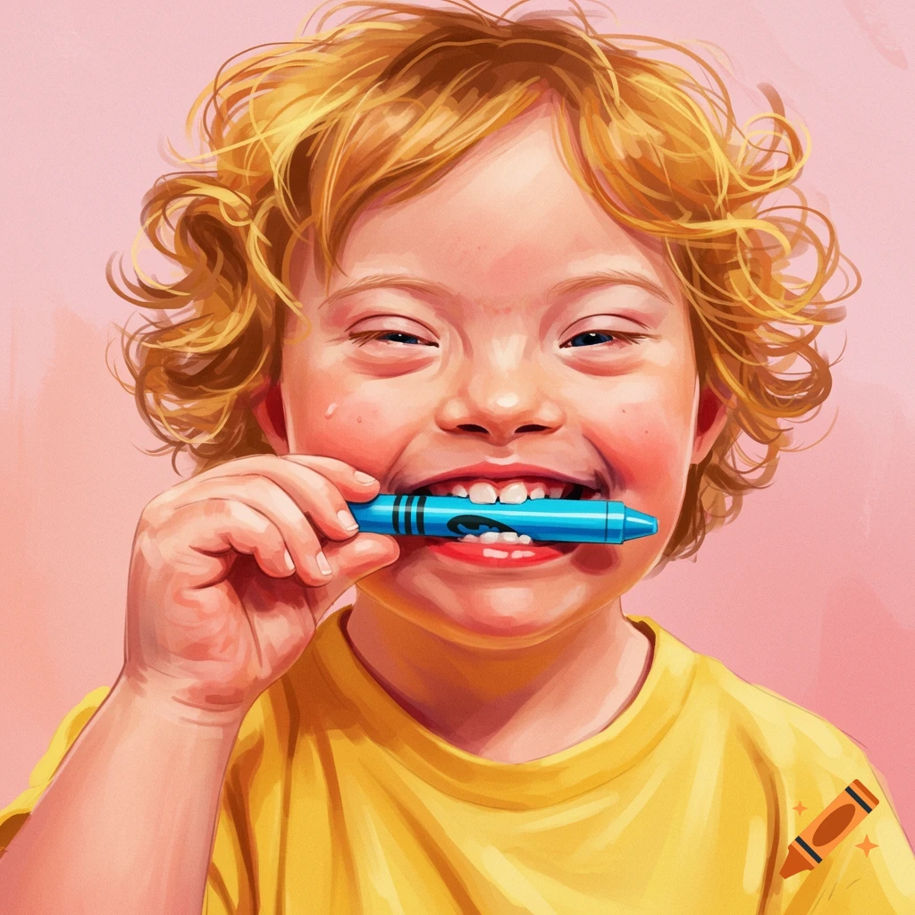 Close-up portrait of a smiling child with Down Syndrome eating a blue ...
