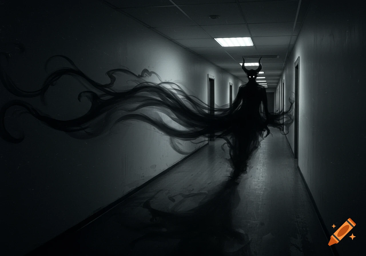 A shadowy demon with horns and glowing eyes floats down a dark hallway ...