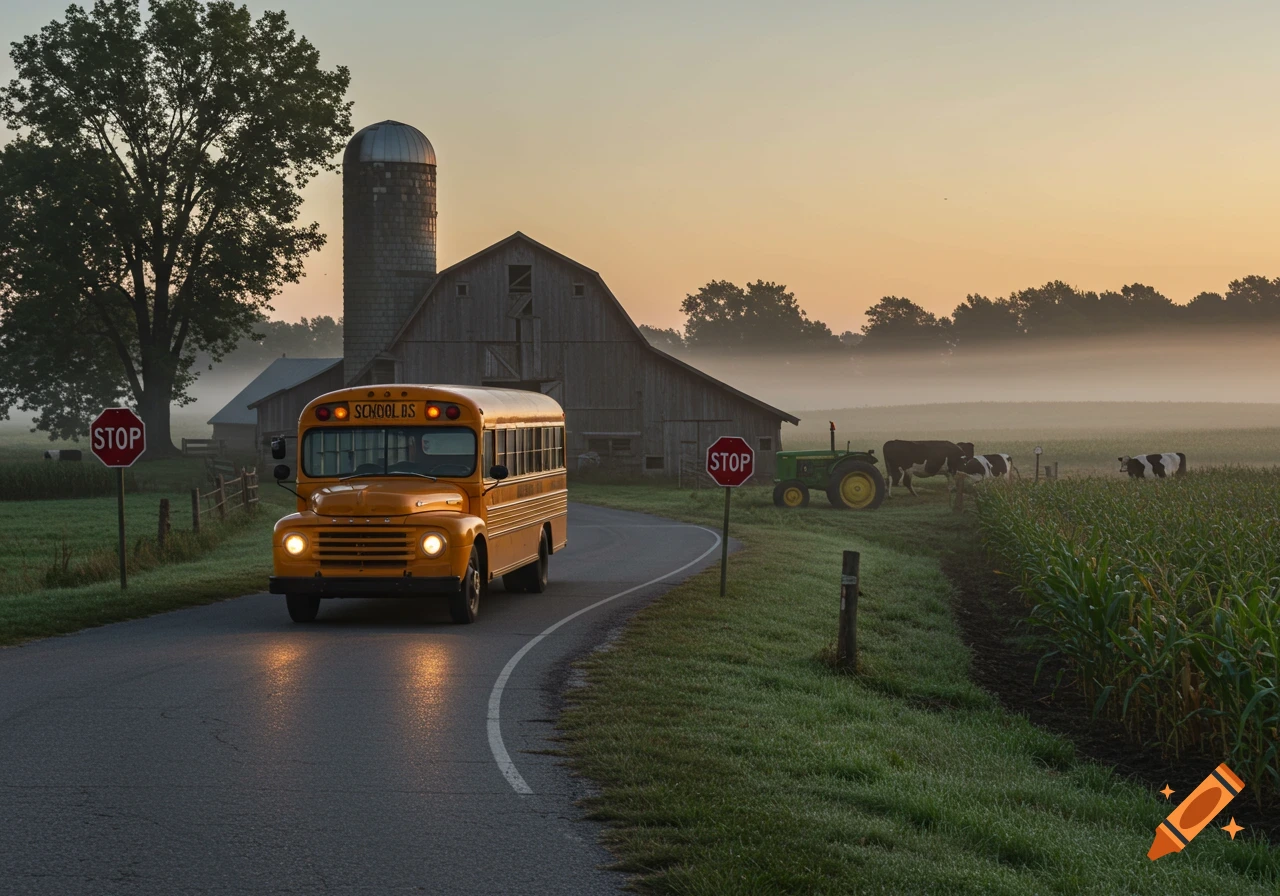 A yellow school bus sits at a stop sign on a road in a rural farm scene ...