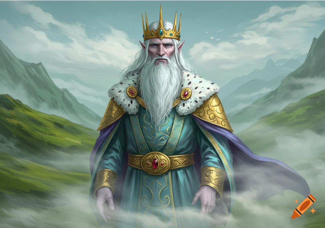 Fantasy elf-king with crown and long beard in a misty mountain ...