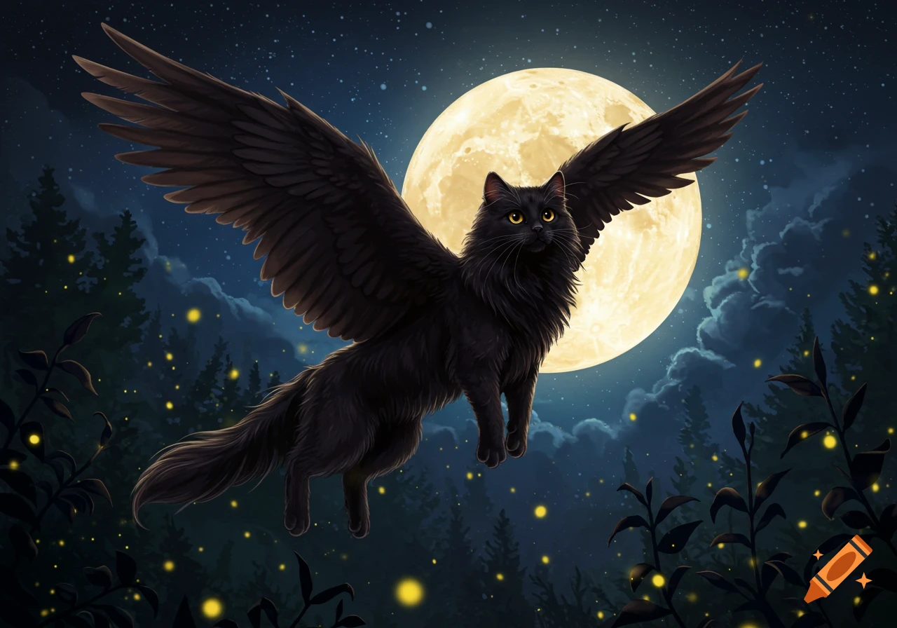 A black winged cat flies through the night sky with a full moon and ...
