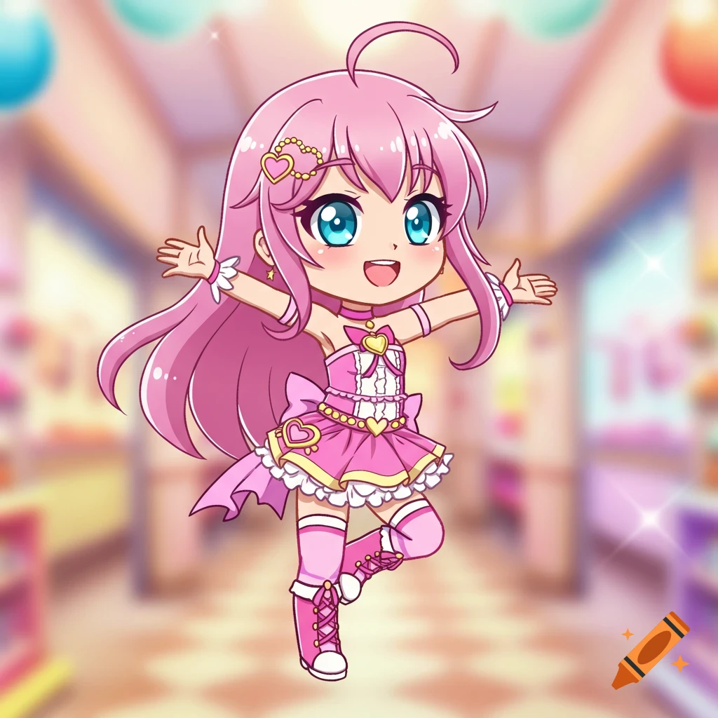 Chibi anime girl with pink hair and pink dress, arms open, in a store ...