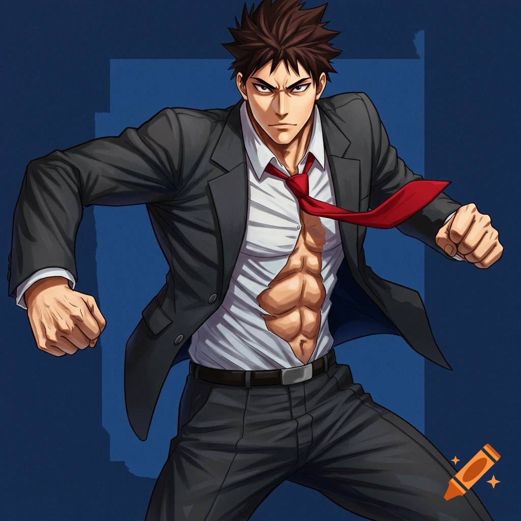 Anime man in a ripped suit flexing abdominal muscles on Craiyon