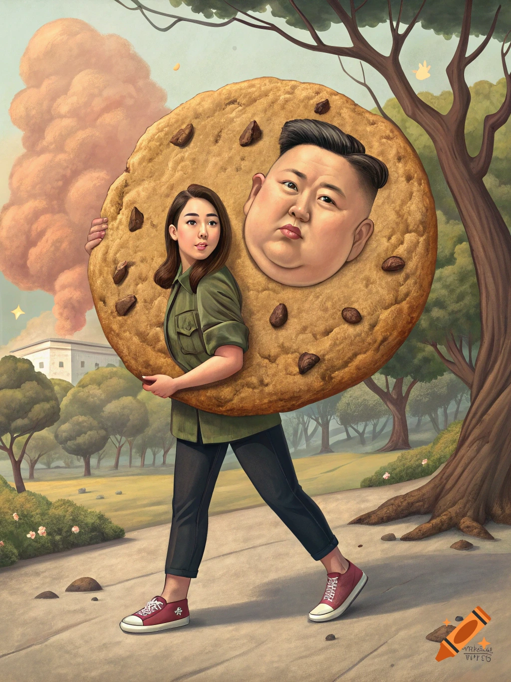 Woman carrying a giant cookie with Kim Jong Un's head through a park ...