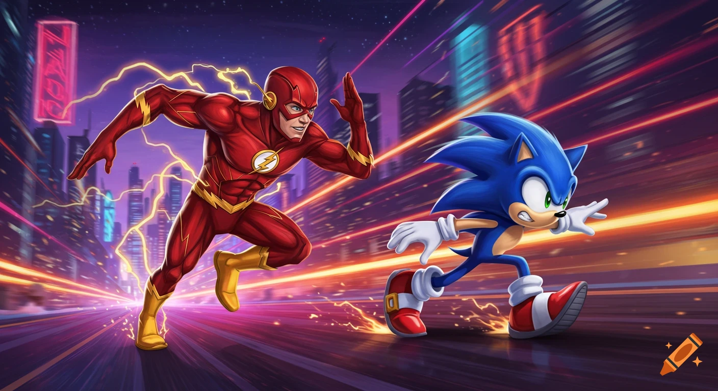The Flash and Sonic the Hedgehog racing through a city street. on Craiyon