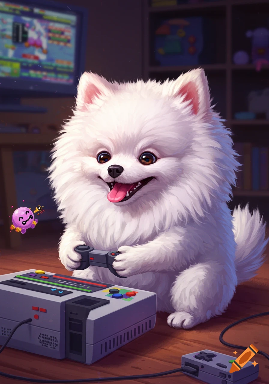 Cute fluffy white dog playing a retro video game on a console. on Craiyon