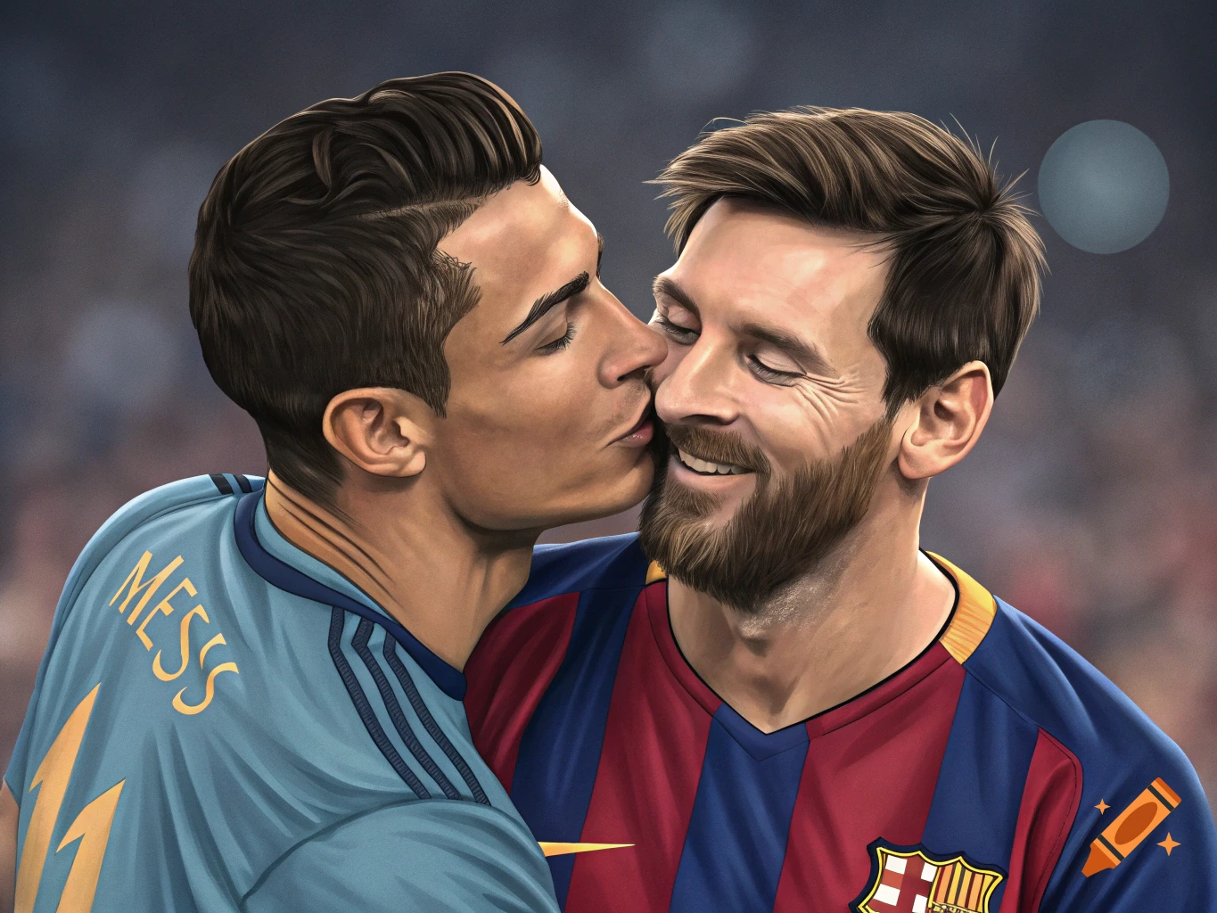 Illustration of Cristiano Ronaldo kissing Lionel Messi on the cheek on ...