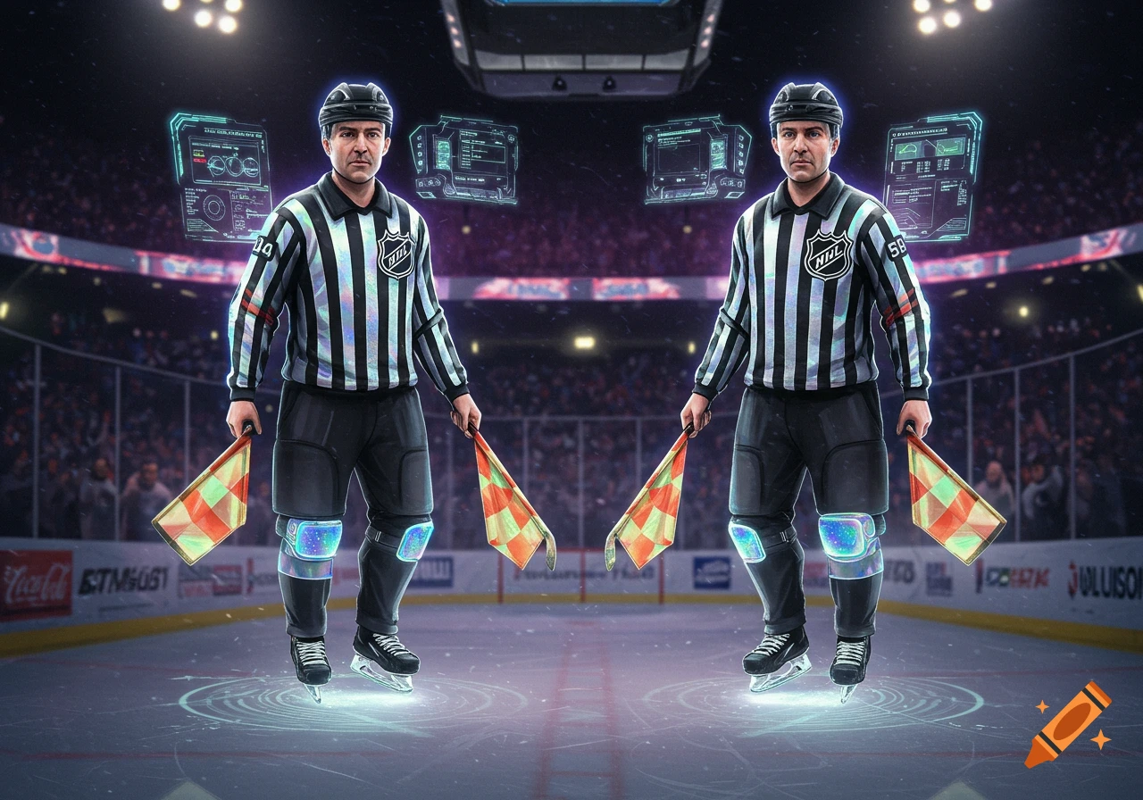Two identical holographic NHL referees stand on an ice hockey rink ...