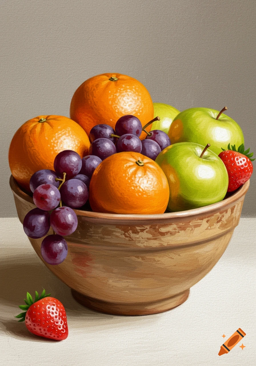 Still life painting of various fruits in a bowl, including oranges ...
